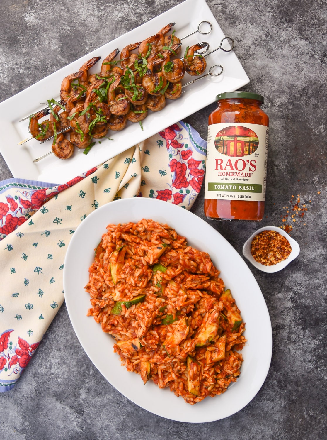 Orzo with Tomato Basil Sauce, Zucchini, and Grilled Shrimp - Domesticate ME